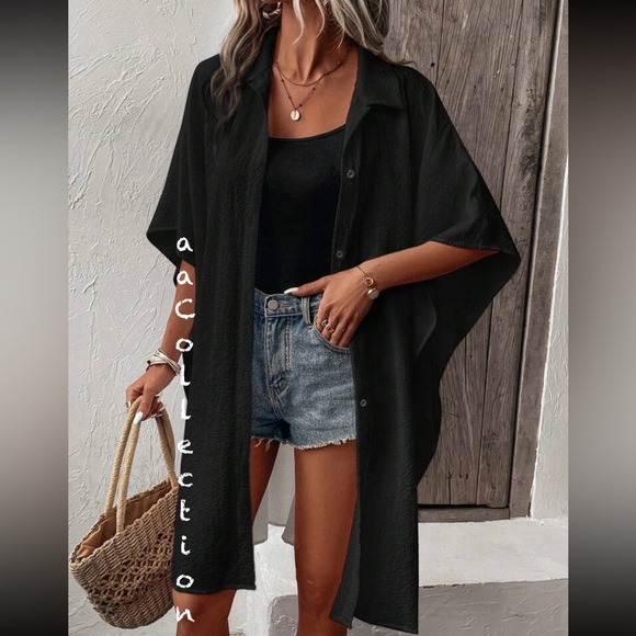 Dresses | Boho Kimono Sleeve Button Down Shirt Dress Beach Swim Cover ...